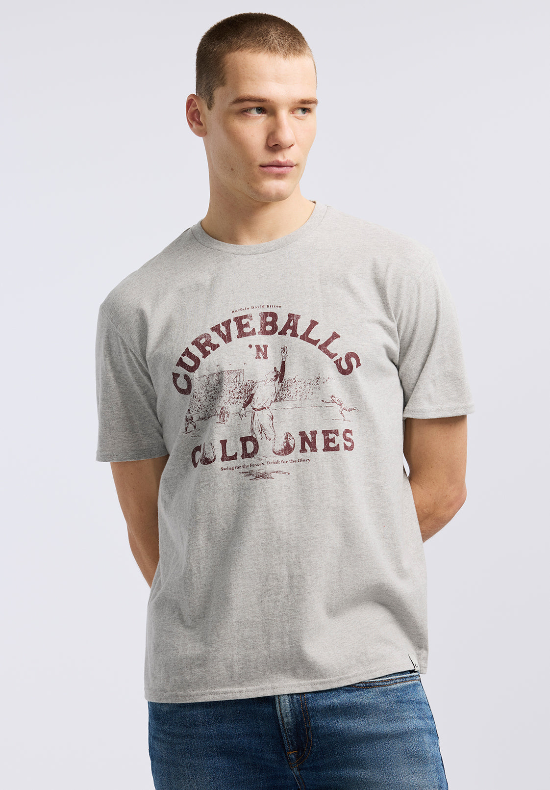 Tavis Men's Graphic T-Shirt with Curveballs 'n Old Ones Print, HEATHER GREY – Buffalo Jeans