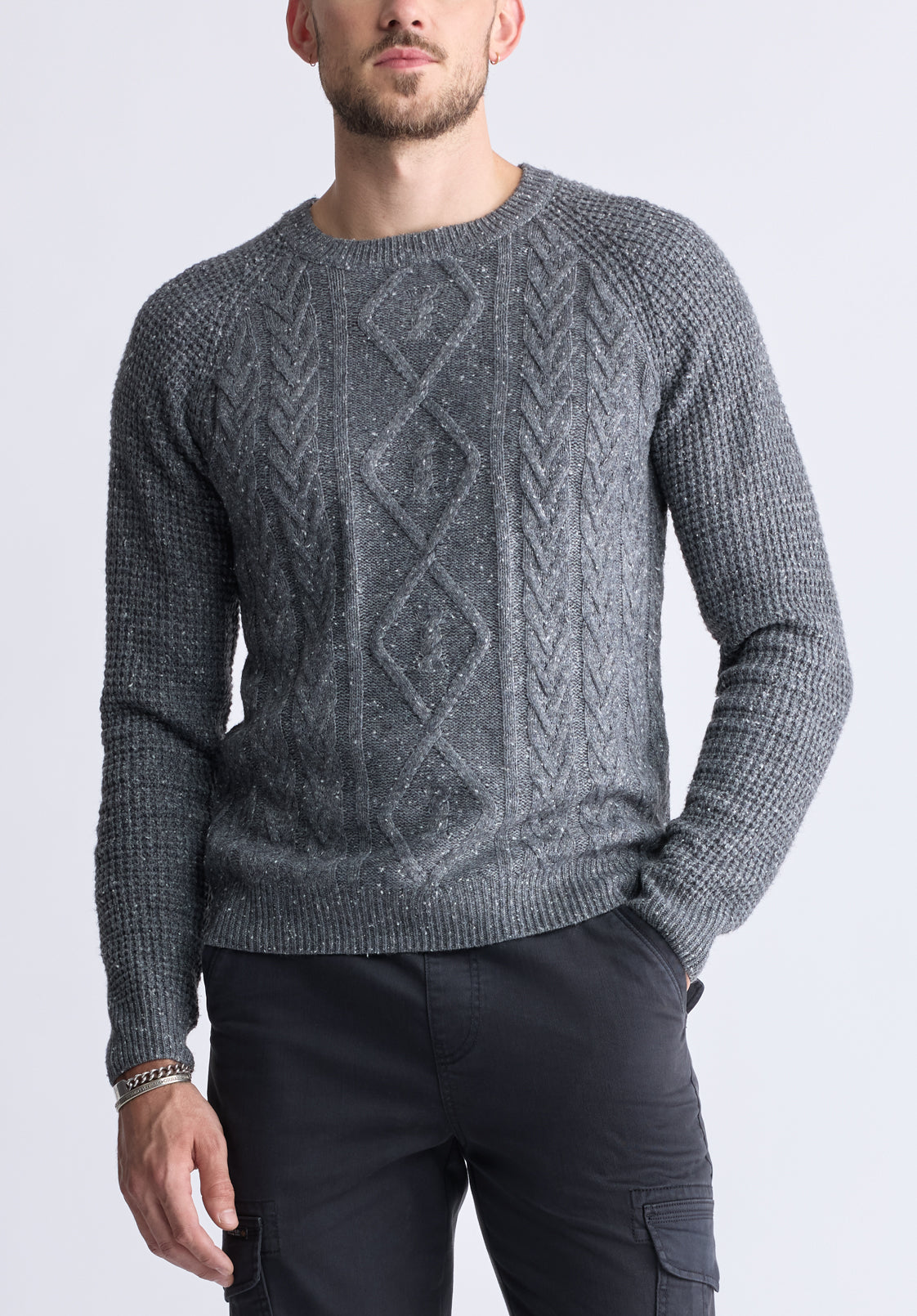 Wallaby Men’s Nep Yarn Cable Knit Crewneck Sweater, Grey - BM24417 ...