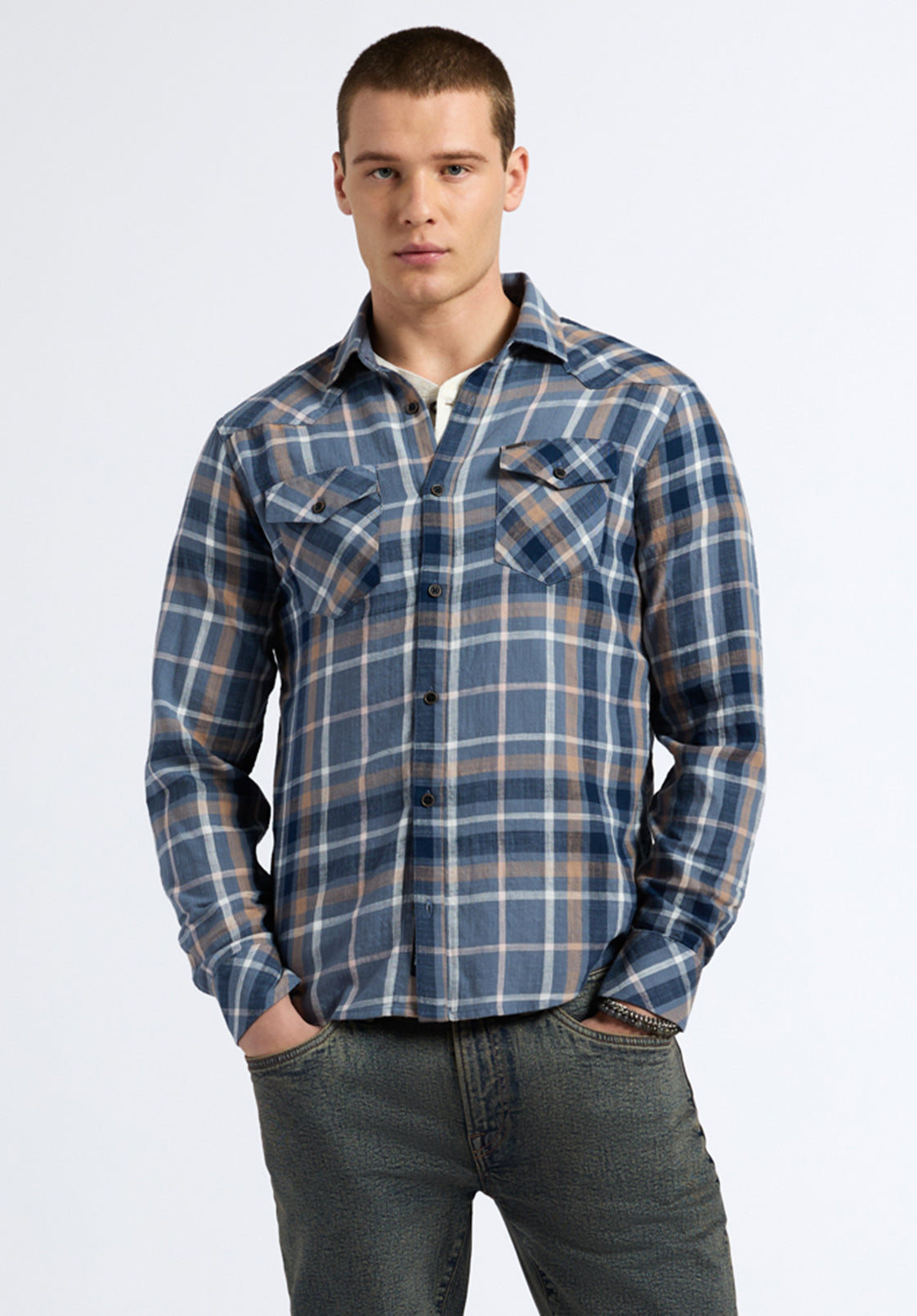 Sierra Men's Long-Sleeve Plaid Button-Down Fitted Shirt, Moonlight Blue ...