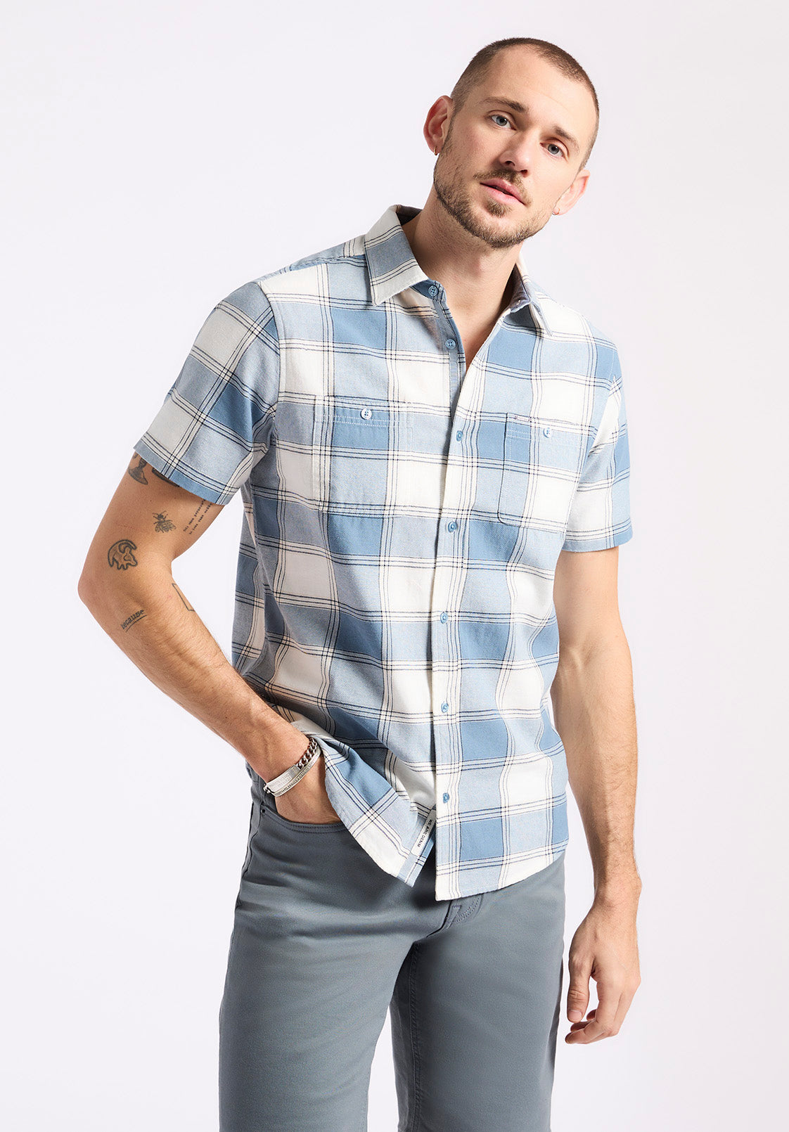 Sagrino Men's Short-Sleeve Plaid Button-Up Fitted Shirt, Mirage Blue ...