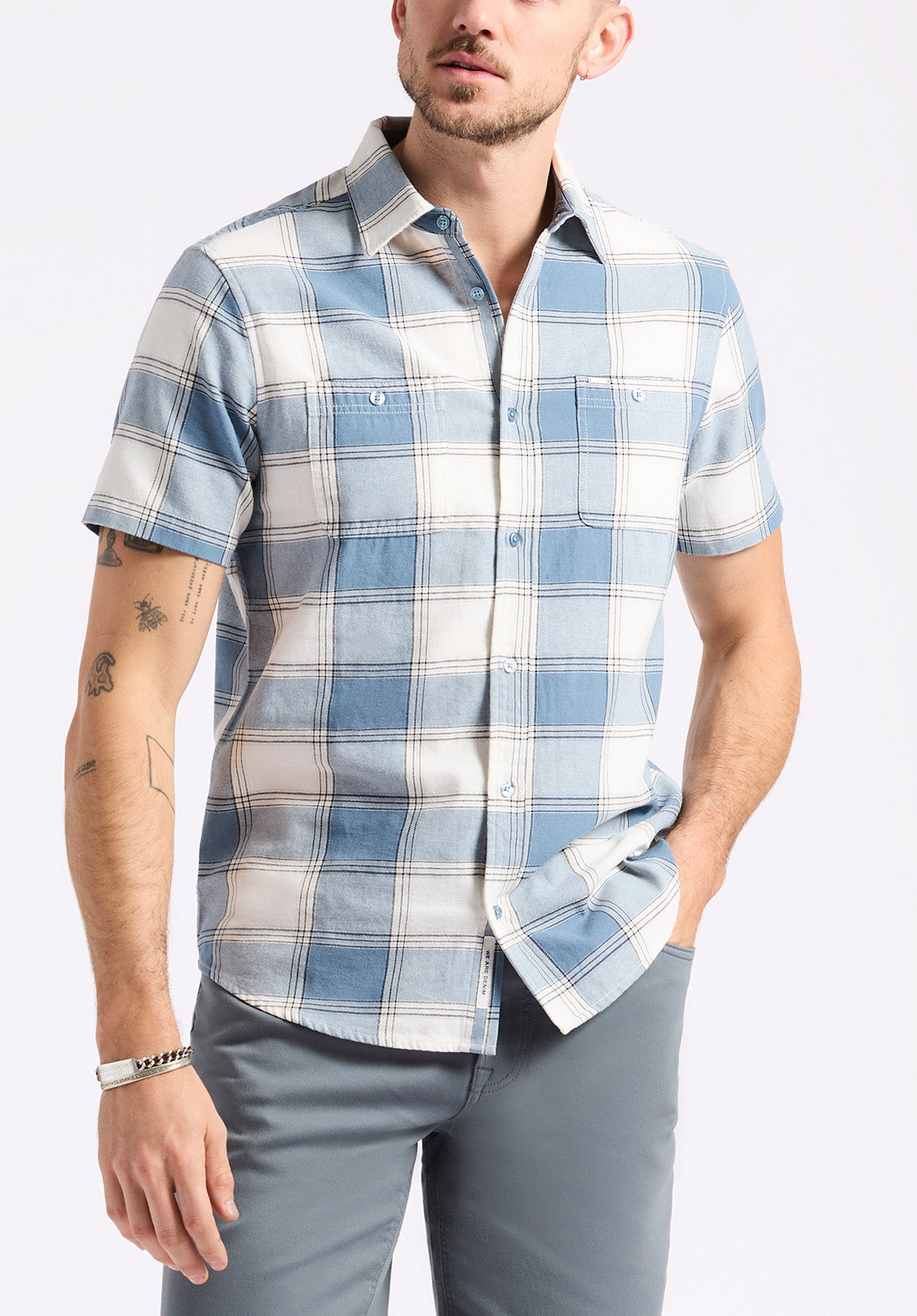 Sagrino Men's Short-Sleeve Plaid Button-Up Fitted Shirt, Mirage Blue ...