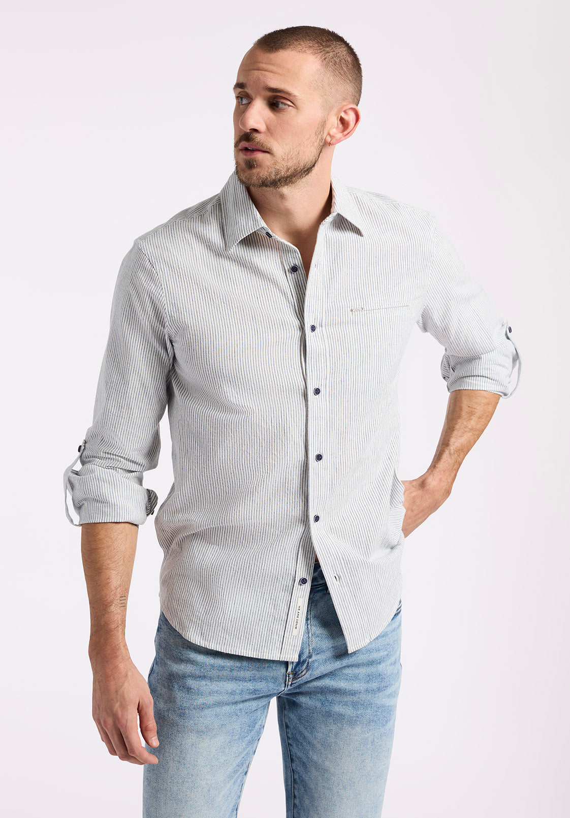 Simbio Men's Long-Sleeve Linen Cotton Blend Striped Button-Up Fitted ...