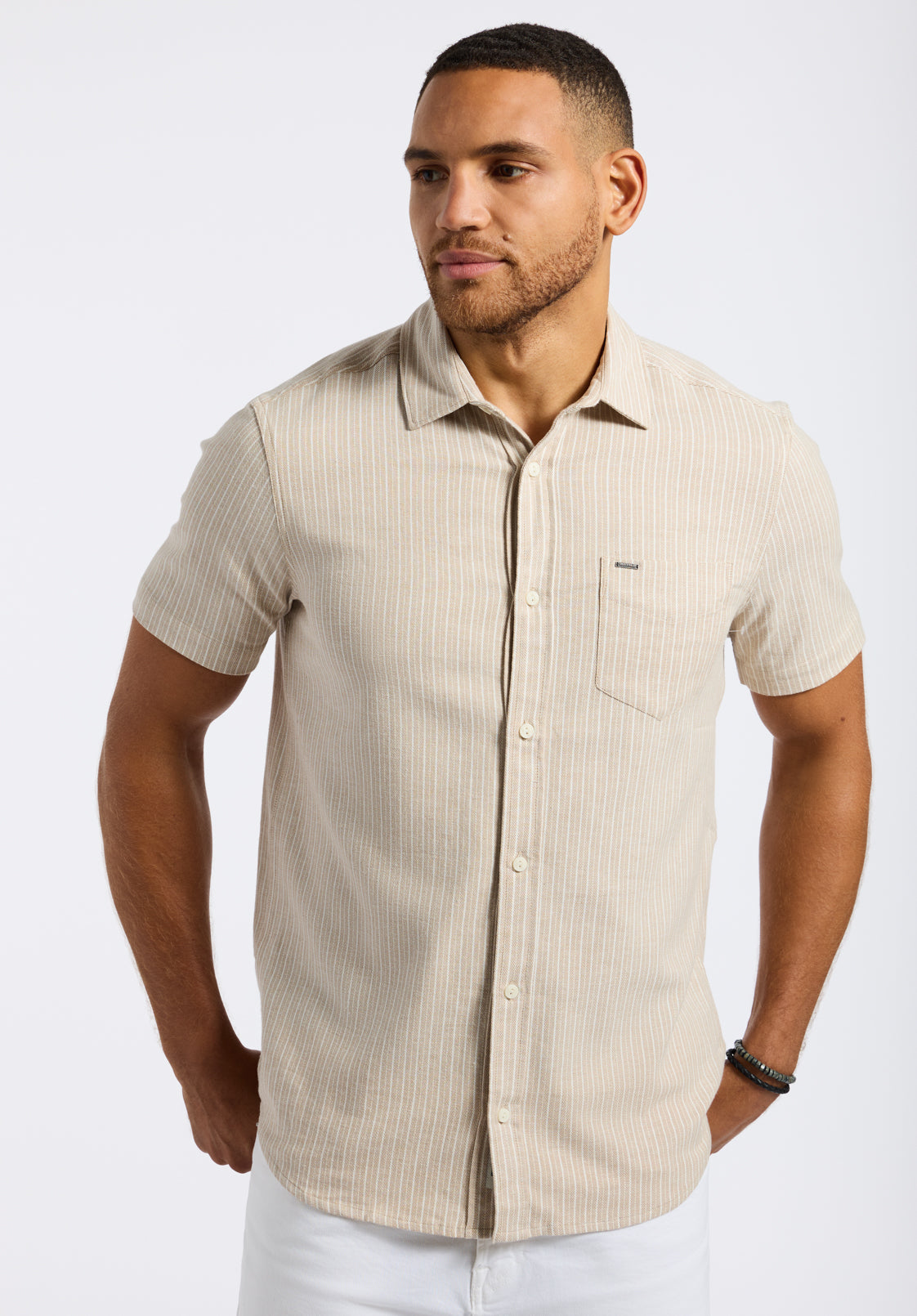 Sirilo Men's Short-Sleeve Striped Button-Up Fitted Shirt, Tuffet Beige ...