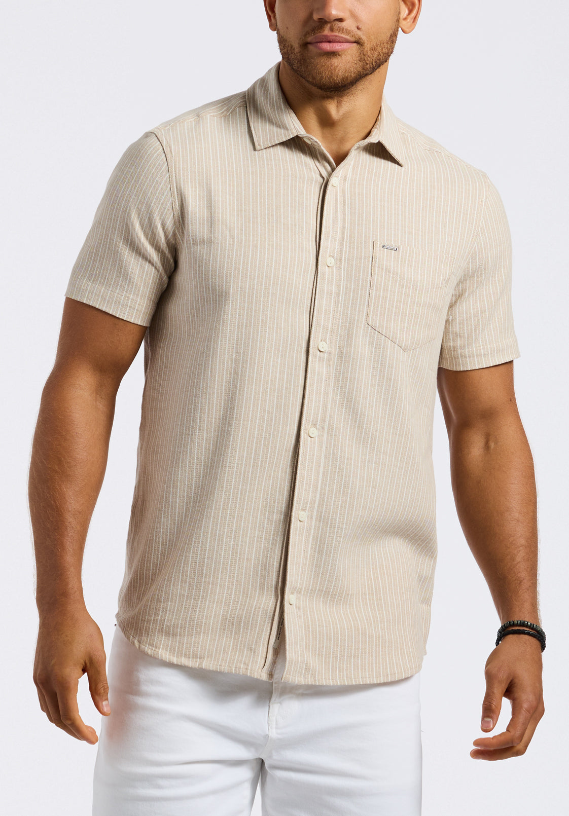 Sirilo Men's Short-Sleeve Striped Button-Up Fitted Shirt, Tuffet Beige ...