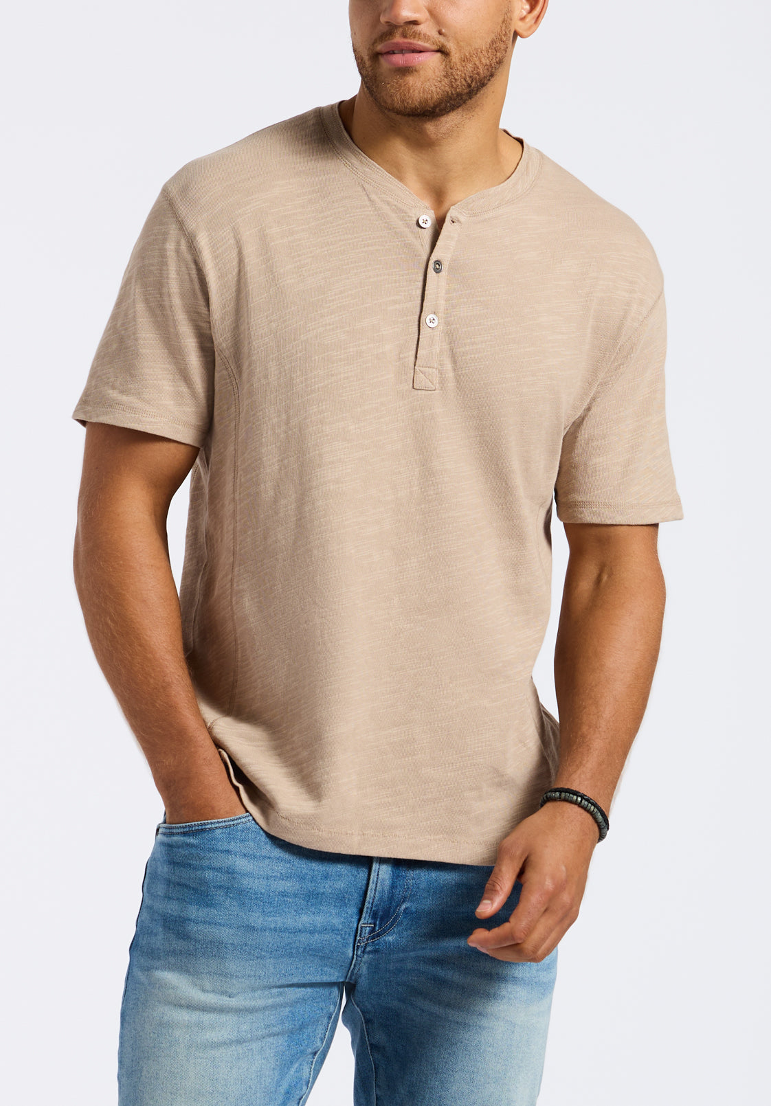 Kandido Men's Short Sleeve Slub Jersey Relaxed Henley Top, Tuffet Beige ...