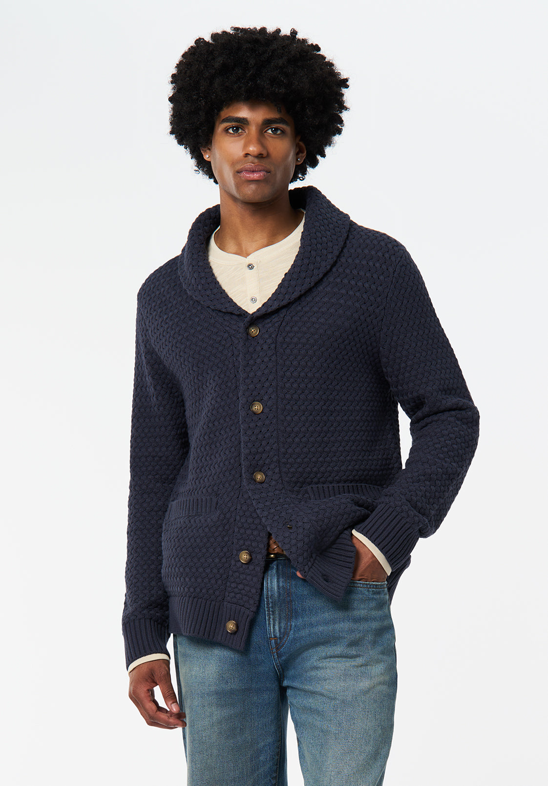 Wendell Men's Textured Shawl Collar Relaxed Cardigan, WHALE – Buffalo Jeans