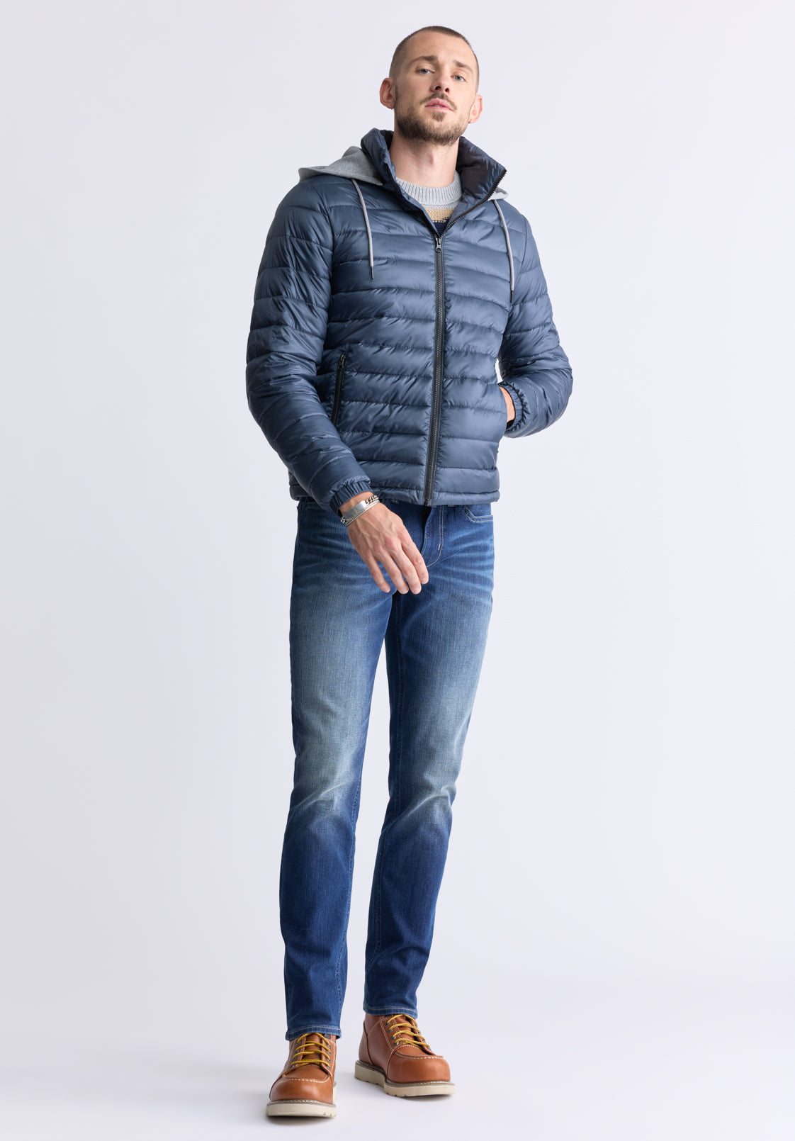 Vince Men’s Quilted Puffer Zip-Up Jacket with Contrasting Hoodie, Navy ...