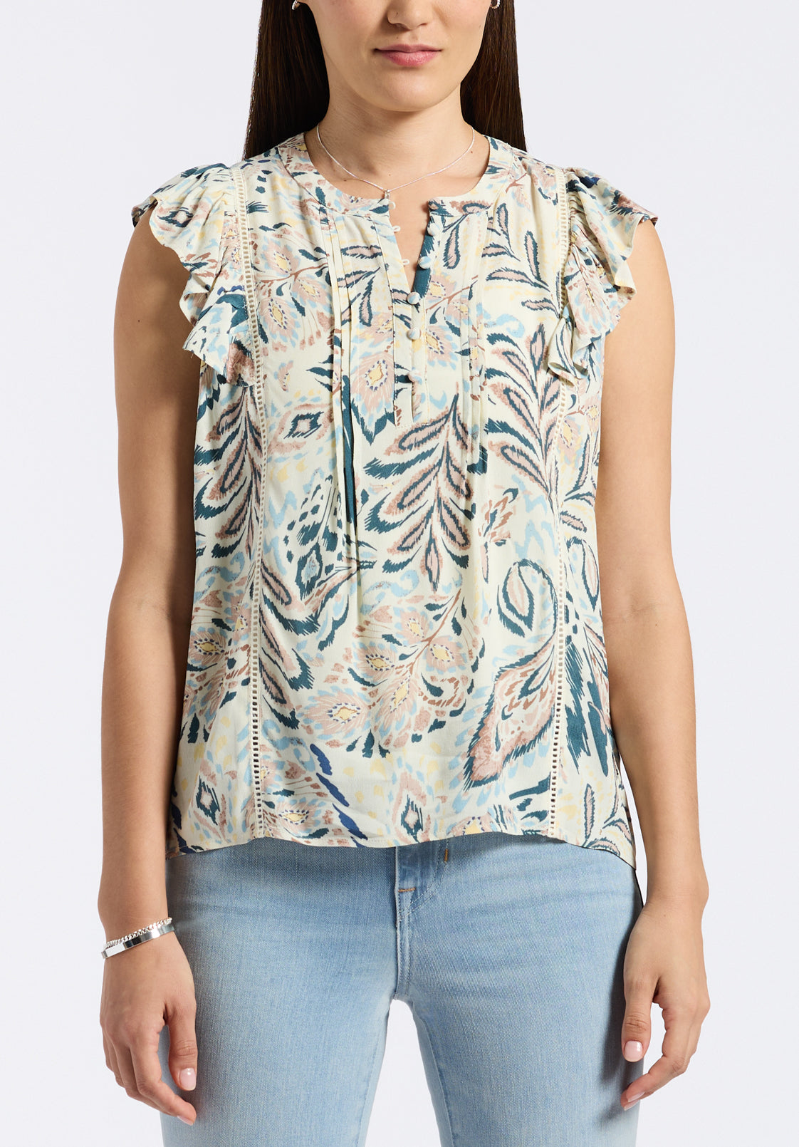 Tinlee Women's Sleeveless Floral Ruffle Blouse with Pintuck Details ...